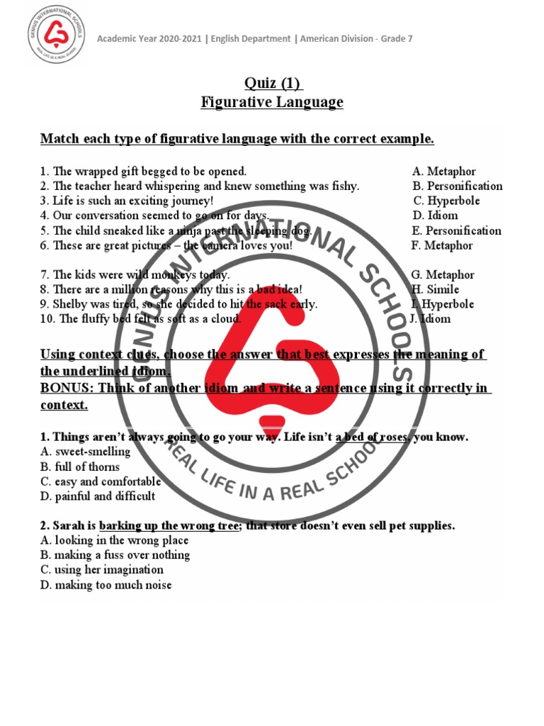 Quiz (1) Figurative Language: Match Each Type of Figurative Language ...