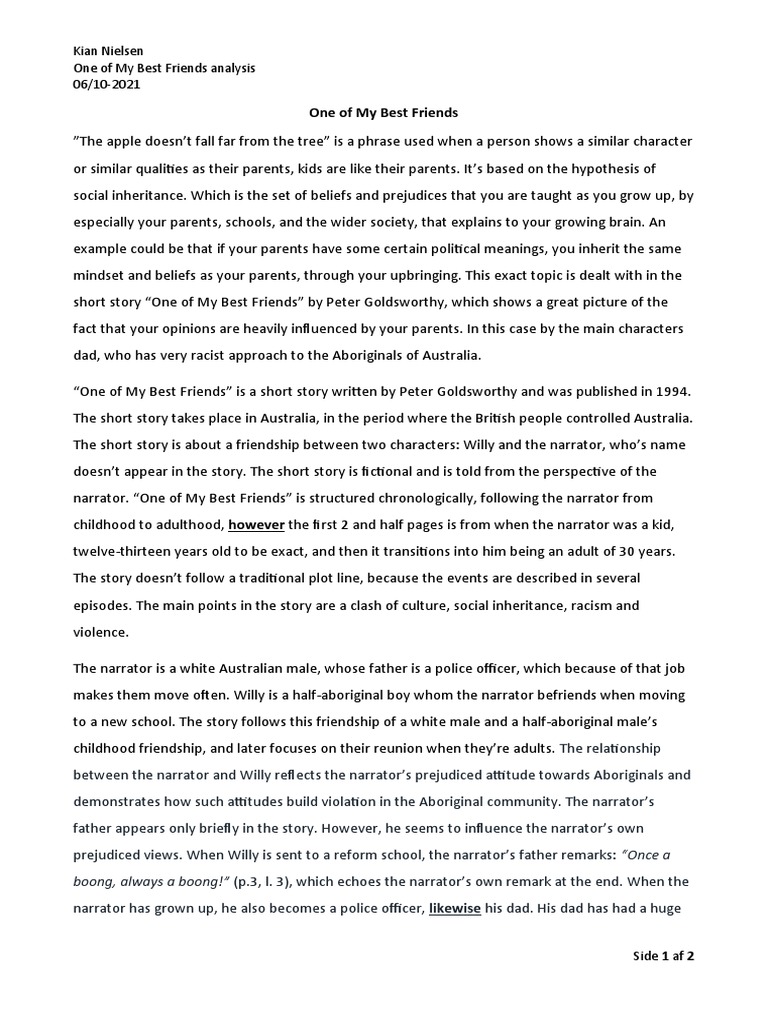 One of My Best Friends Analysis | PDF | Narration | Violence