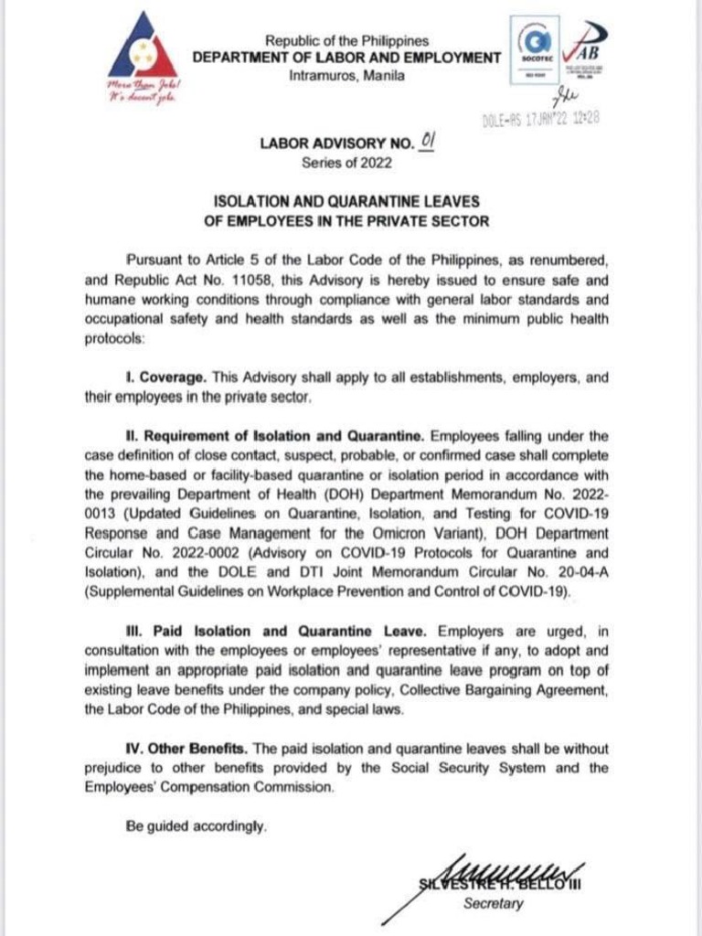 DOLE Labor Advisory No. 1-22 | PDF