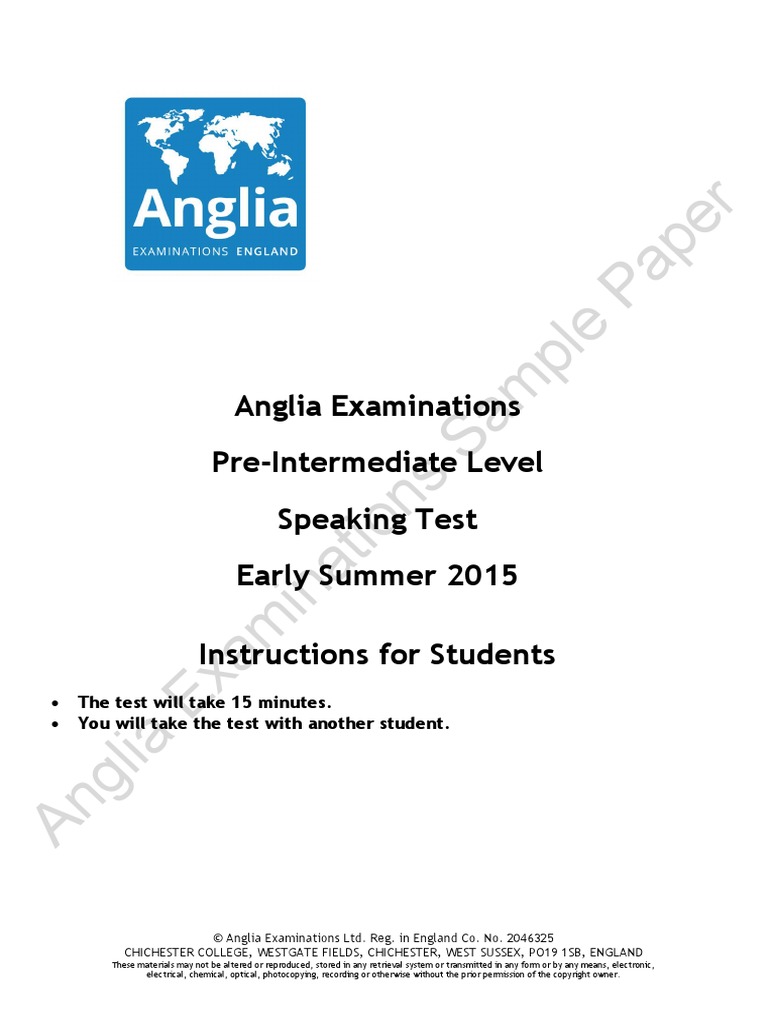 Anglia Examination Pre Intermediate Level Speaking Test | PDF | Tests ...
