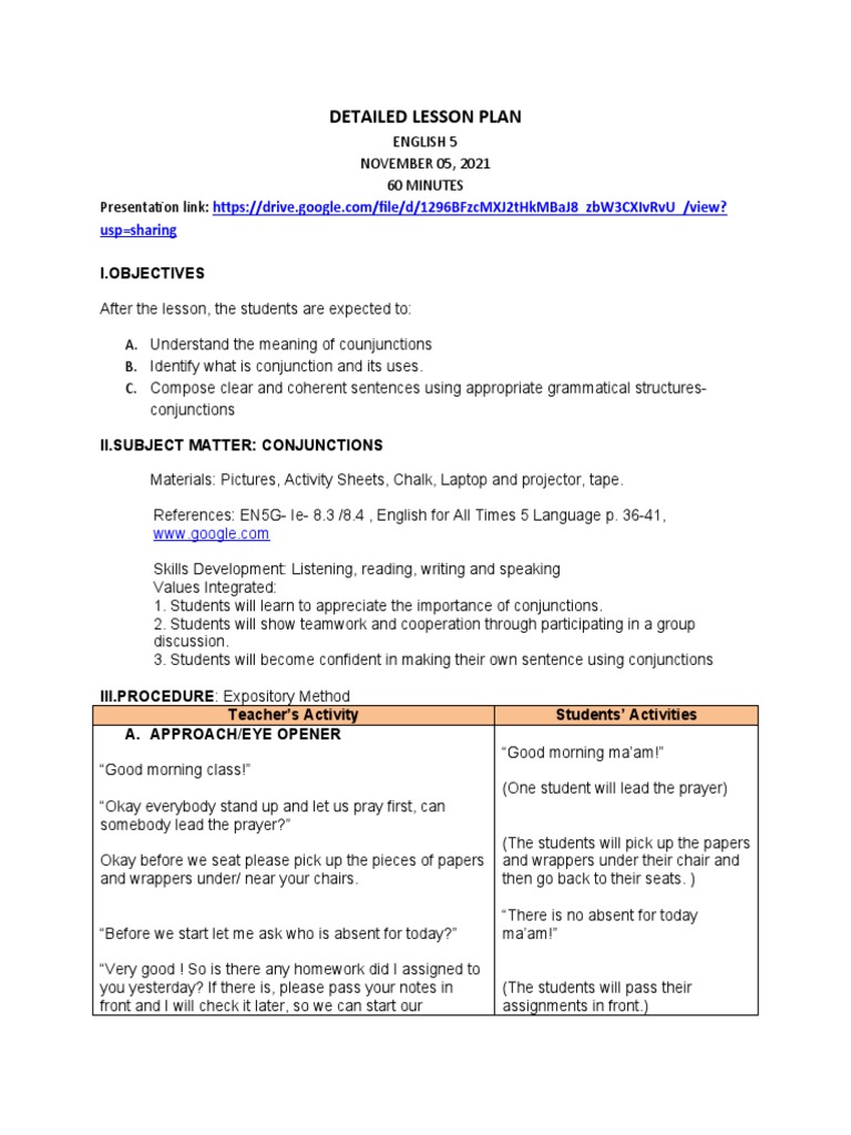 Lesson Plan in English 5 - Conjunctions (Naldo Tricia Mae v. Beed 2a ...