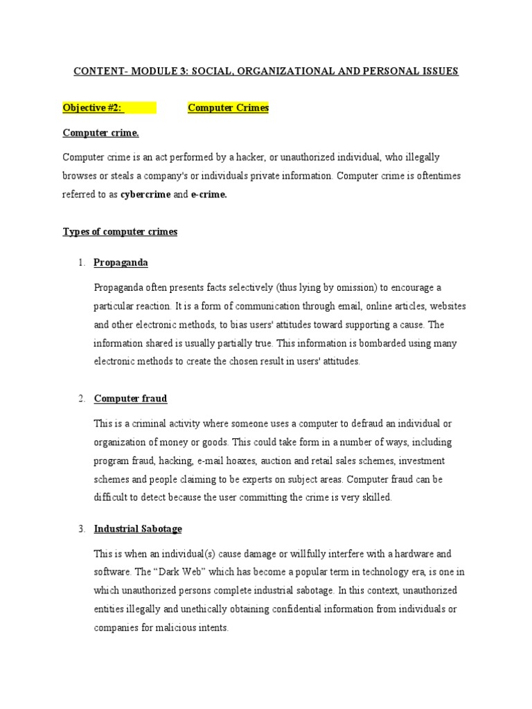 Content-Module 3: Social, Organizational and Personal Issues Objective #2: Computer Crimes ...
