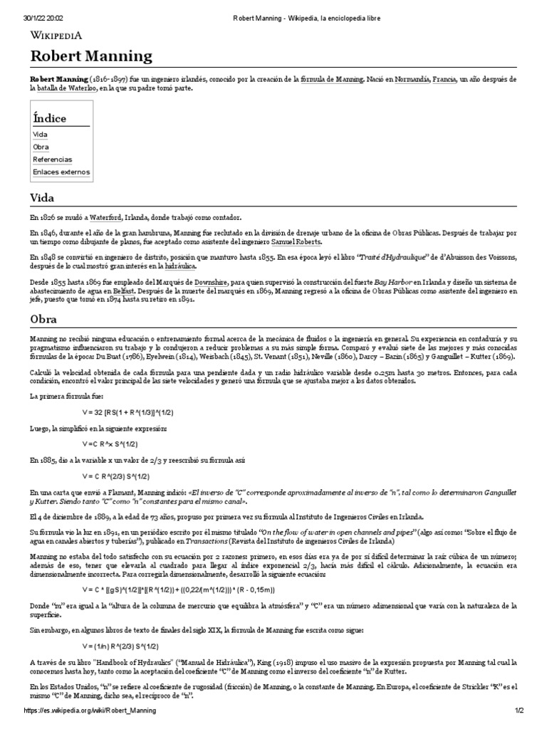 Robert Manning | PDF | Ingeniero civil | Ingeniería