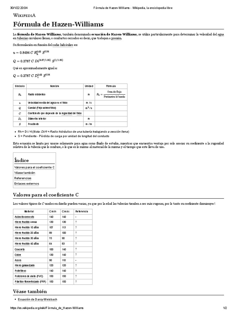 Fórmula de Hazen-Williams | PDF | Ingeniería de Procesos | Líquidos