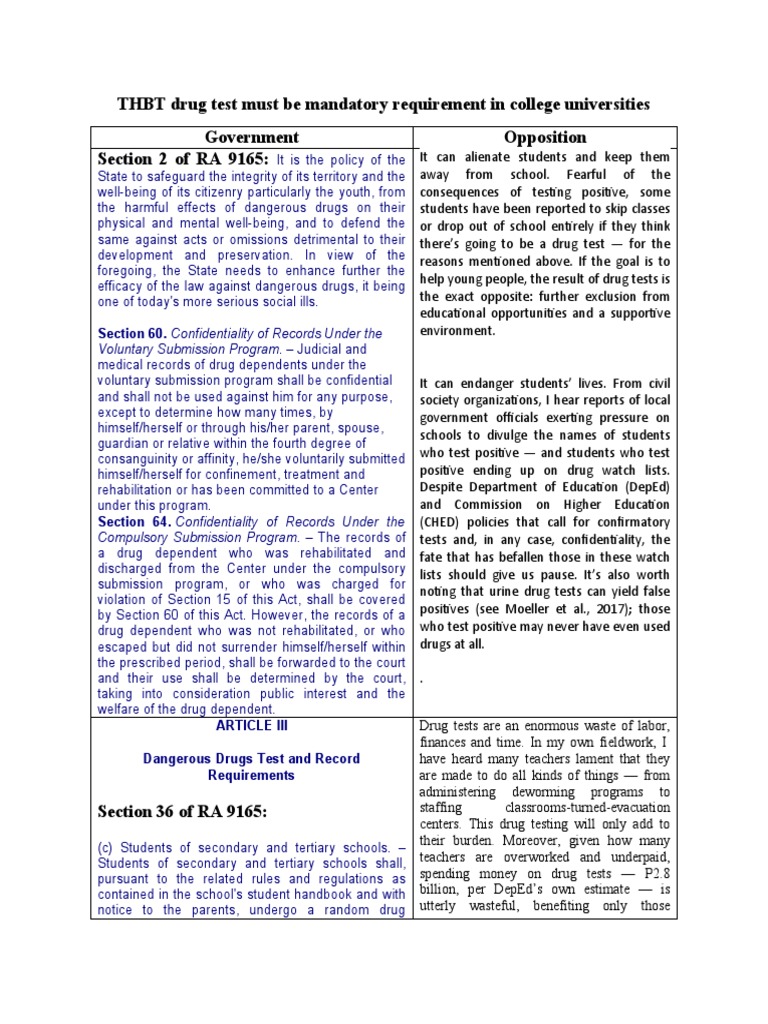 THBT Drug Test Must Be Mandatory Requirement in College Universities ...