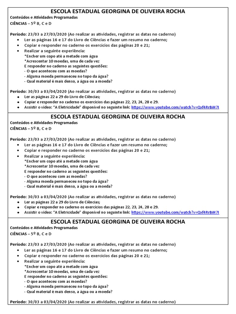 Aula Programada Ciências 5º B, C, D | PDF