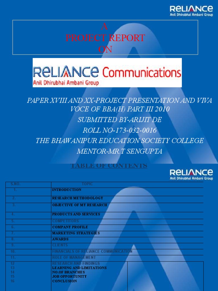BBA Project Report on Reliance Communications | PDF | Learning ...
