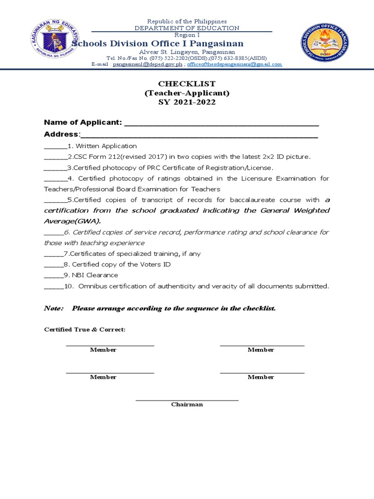 Checklist Teacher I Applicant | PDF