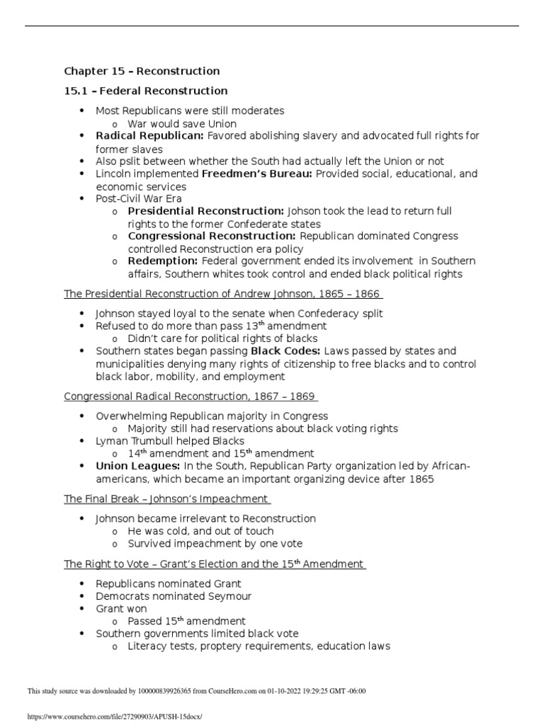 Chapter 15 - Reconstruction 15.1 - Federal Reconstruction | Download ...