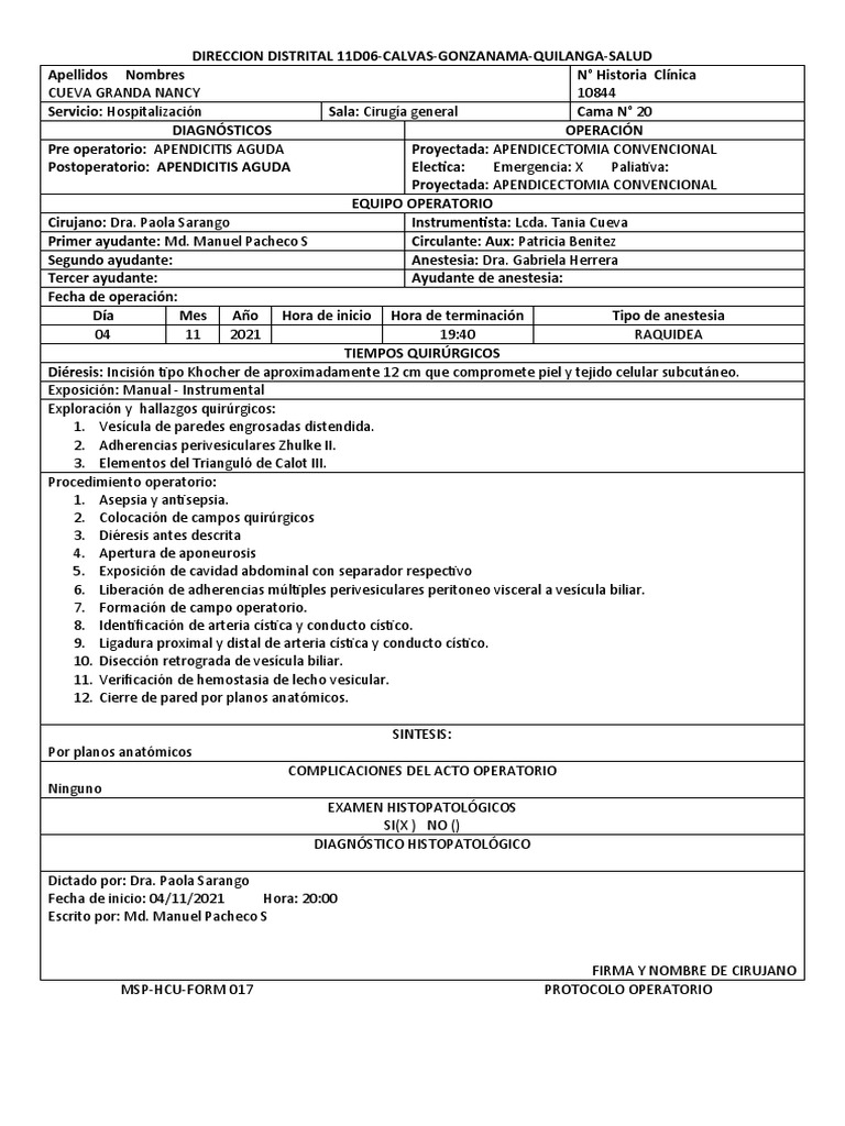 Protocolo Operatorio | PDF | Cirugía | Especialidades Medicas