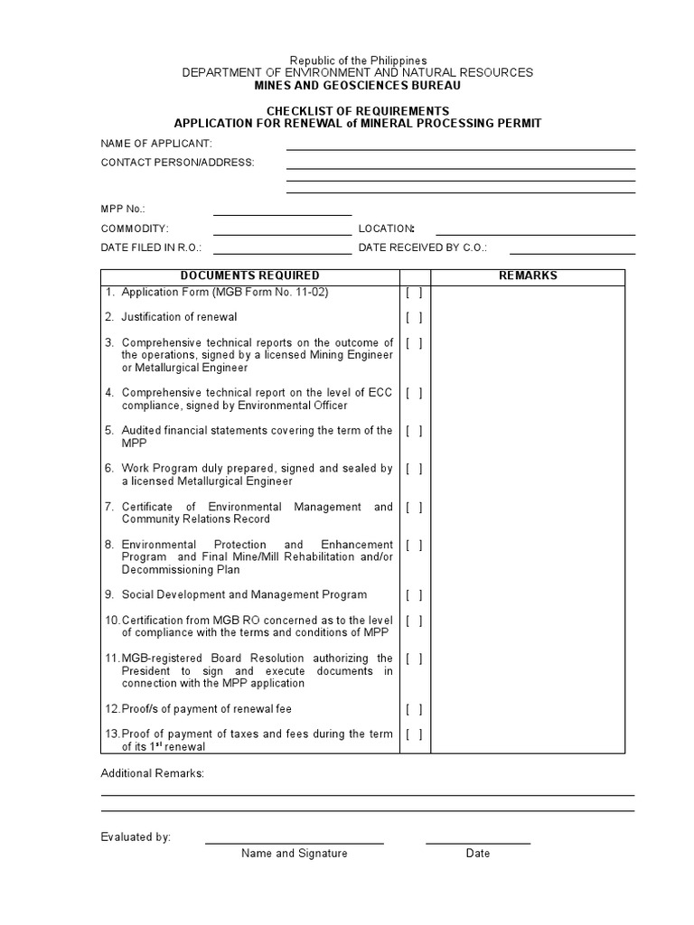 Mines and Geosciences Bureau Checklist of Requirements Application For ...