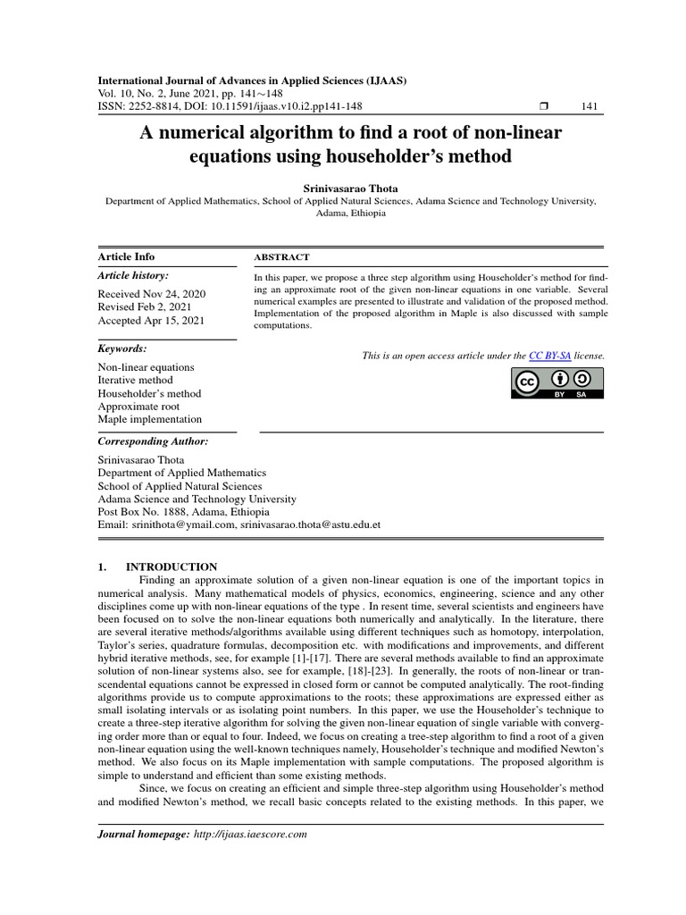 A Numerical Algorithm To Find A Root Of Non Linear Equations Using Householders Method Pdf 