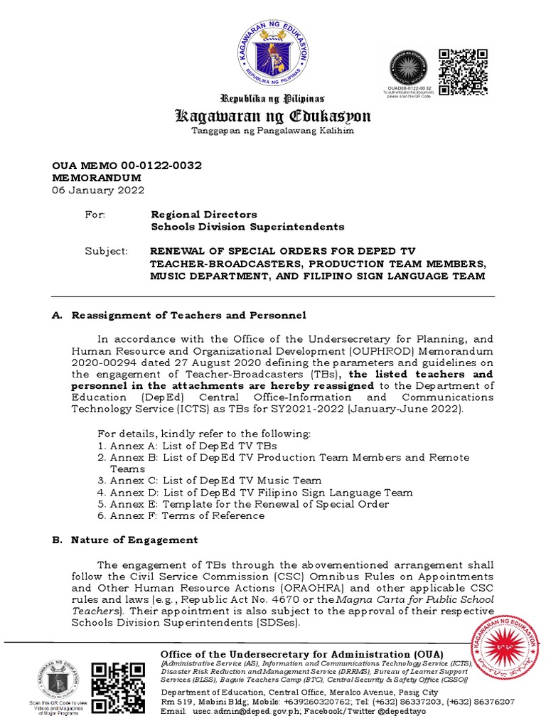 OUA - Memo - 0122032-Renewal of Special Orders For DepEd TV TBS, Prod ...