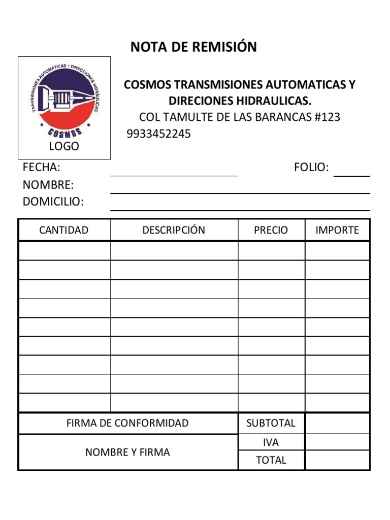 Formato de Nota de Remisión para Talleres | PDF