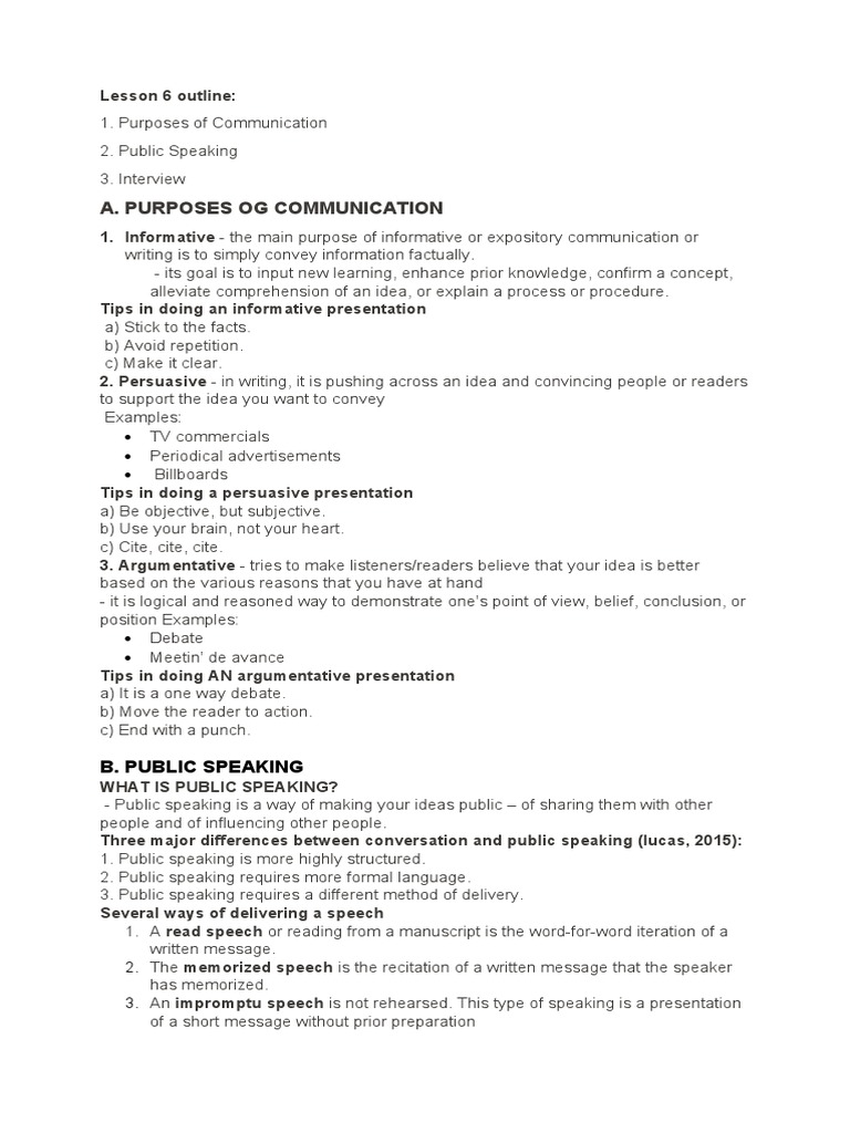 A. Purposes Og Communication: B. Public Speaking | PDF | Public ...
