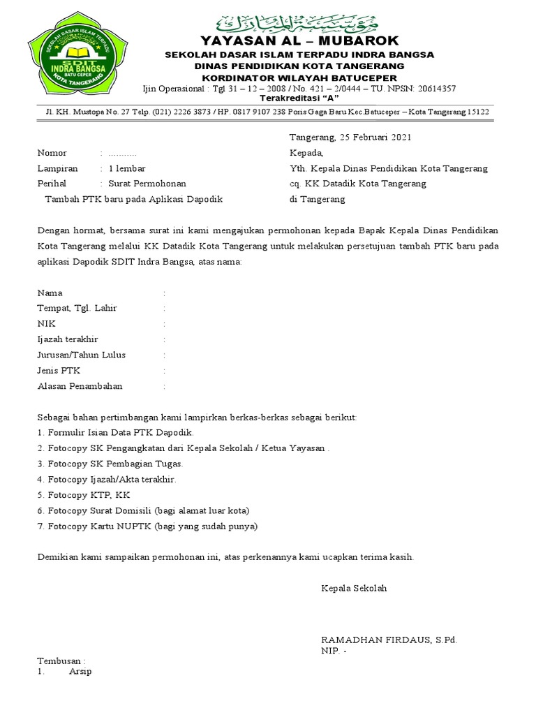 Format Surat Permohonan Tambah PTK | PDF