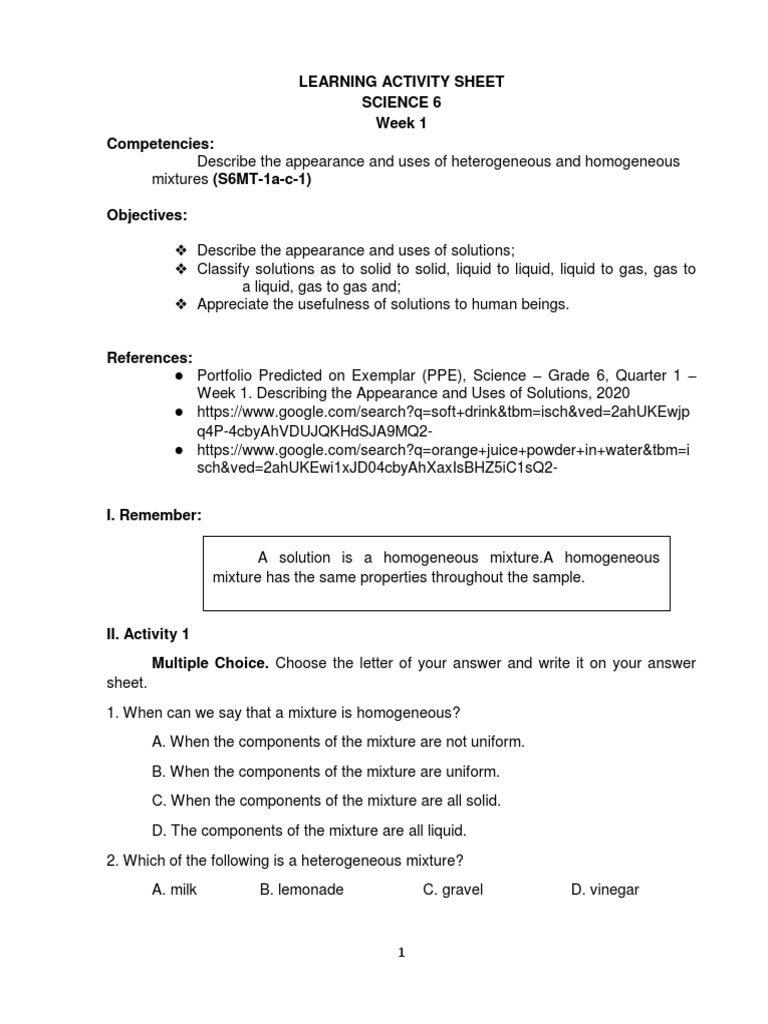 Learning Activity Sheet Science 6 Week 1 Competencies | PDF | Mixture ...