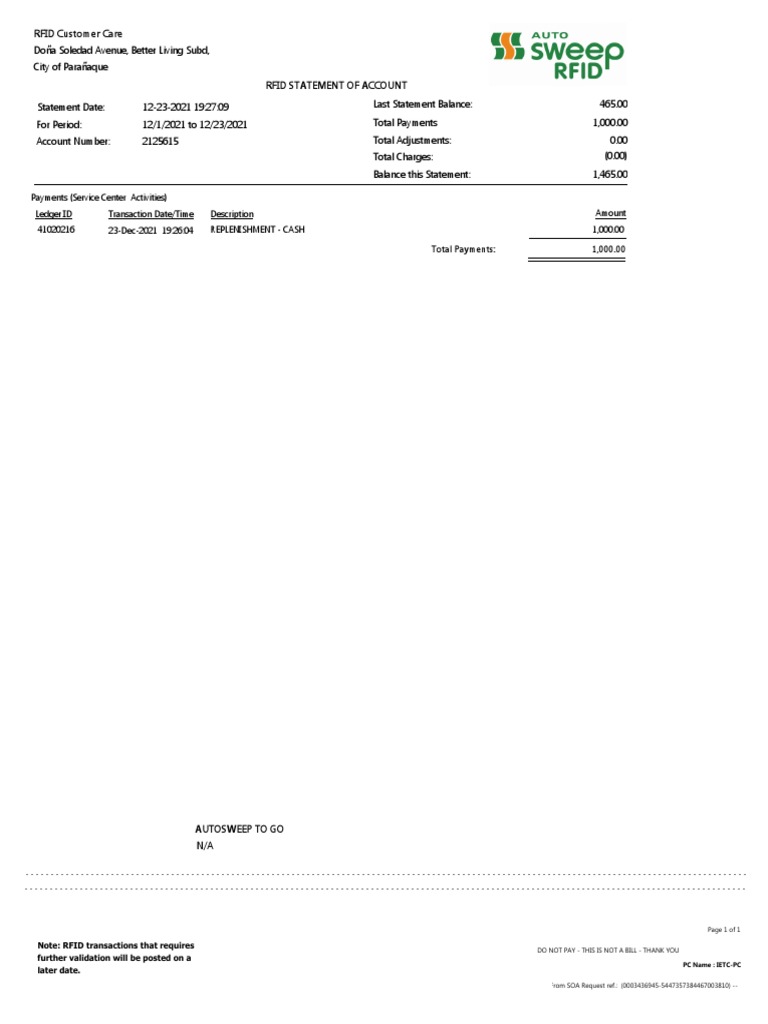 RFID Customer Statement Account Summary | PDF