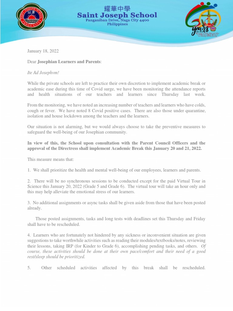 Letter Parents - Academic Break 2022 | PDF | Health Sciences