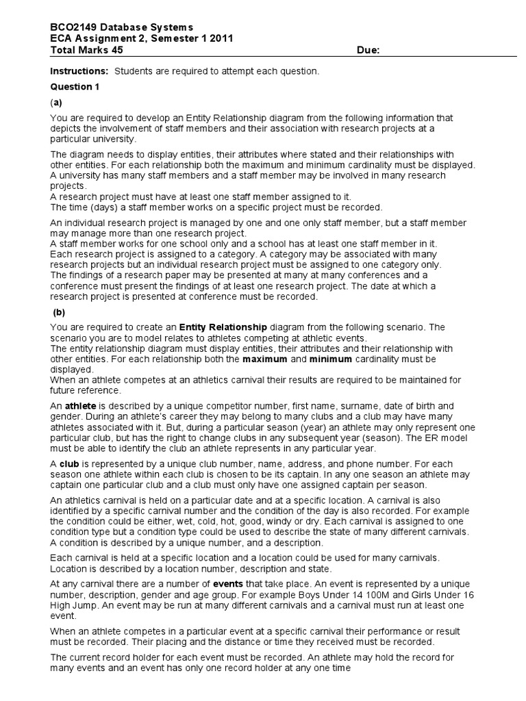 BCO2149 Database Systems ECA Assignment 2, Semester 1 2011 Total Marks 45 Due | PDF | Employment ...