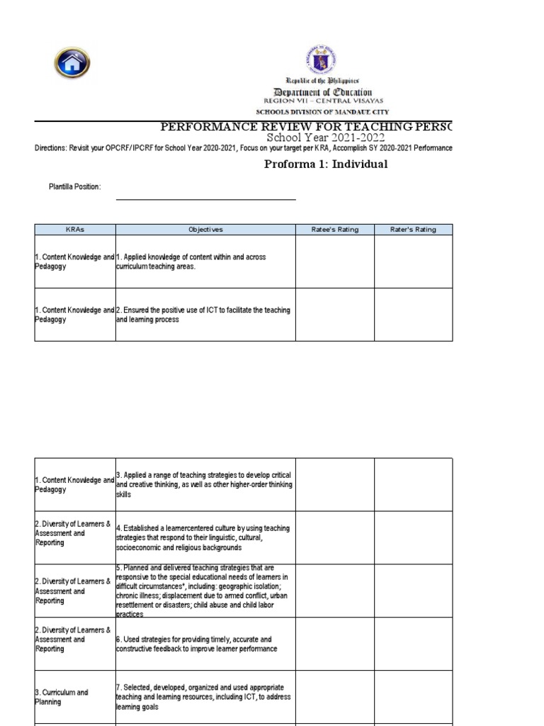 Performance Review For Teaching Personnel Proforma 1: Individual | PDF | Educational Technology ...