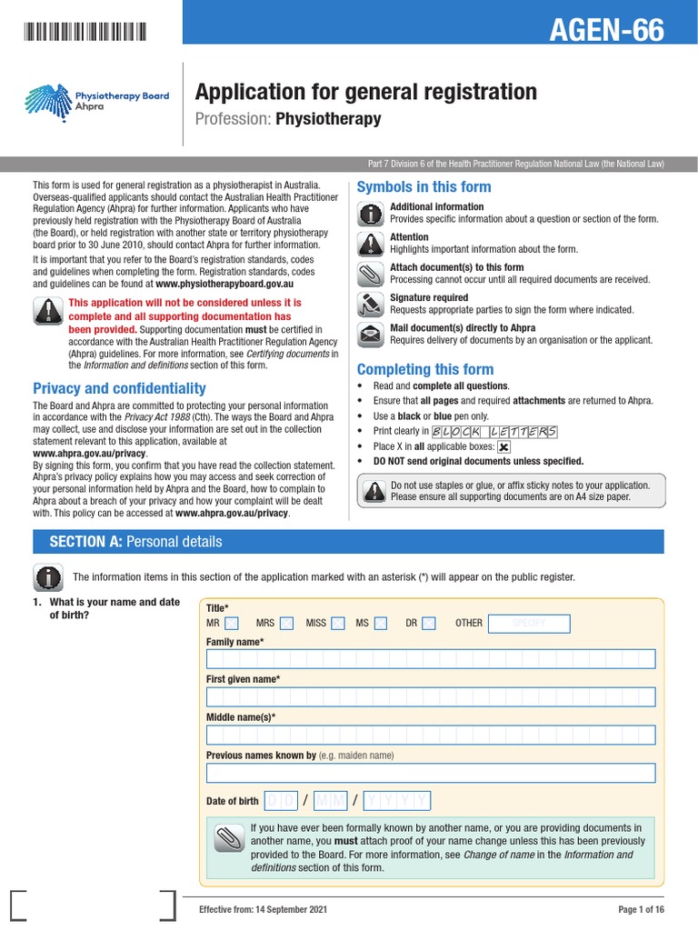Application For General Registration As A Physiotherapist AGEN 66 | PDF ...