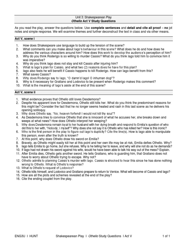 Activity 3 - Othello - Reading Questions - Act V | PDF | Othello | Iago