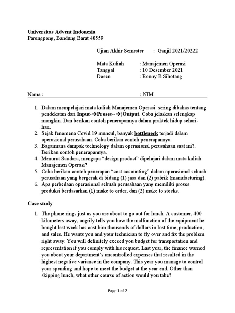 Soal UAS Manop Semester Ganjil 20212022 | PDF | Bus | Transport