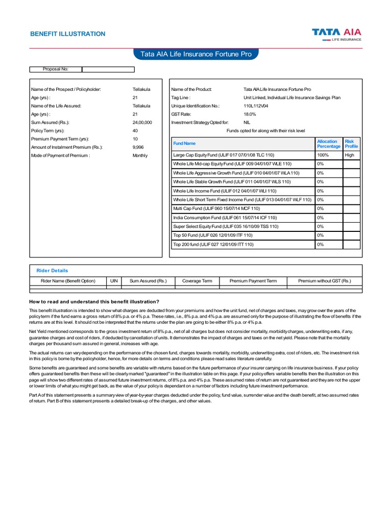 Tata AIA Life Insurance Fortune Pro: Benefit Illustration | PDF ...