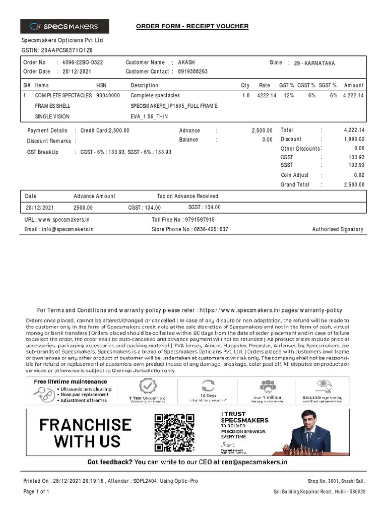 Order Form - Receipt Voucher Specsmakers Opticians PVT LTD GSTIN ...