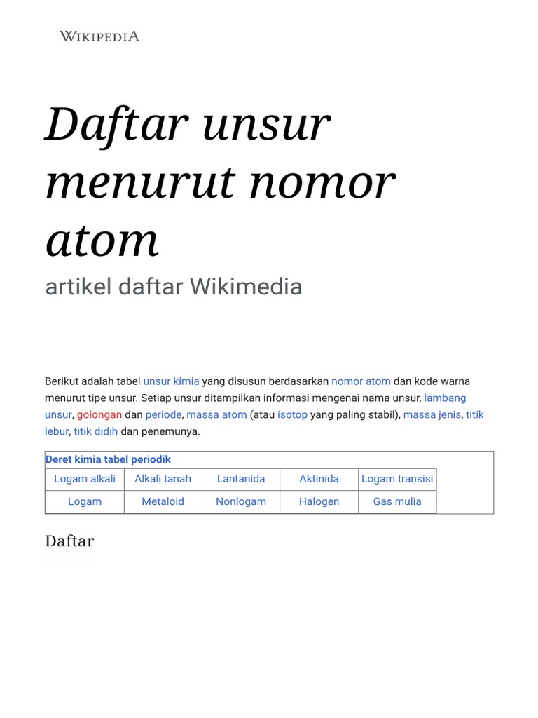 Daftar Unsur Menurut Nomor Atom - Wikipedia Bahasa Indonesia ...
