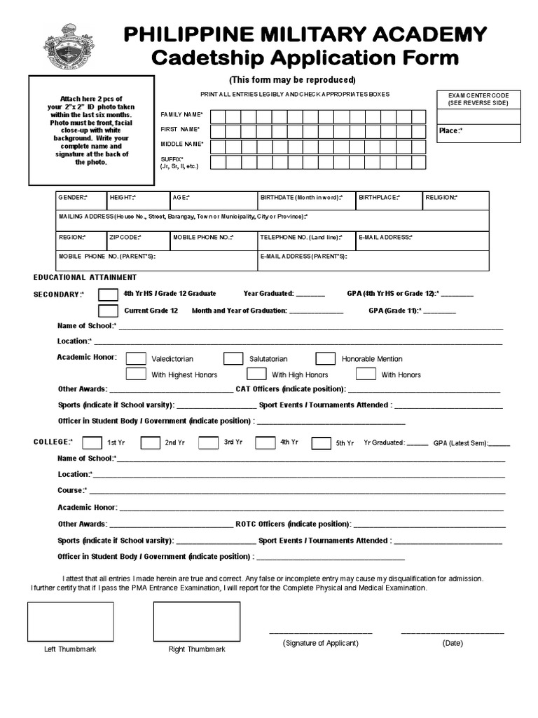 Philippine Military Academy Cadetship Application Form: This Form May ...