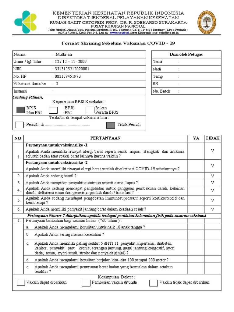 Form Skrining Vaksinasi Covid - 19 | PDF