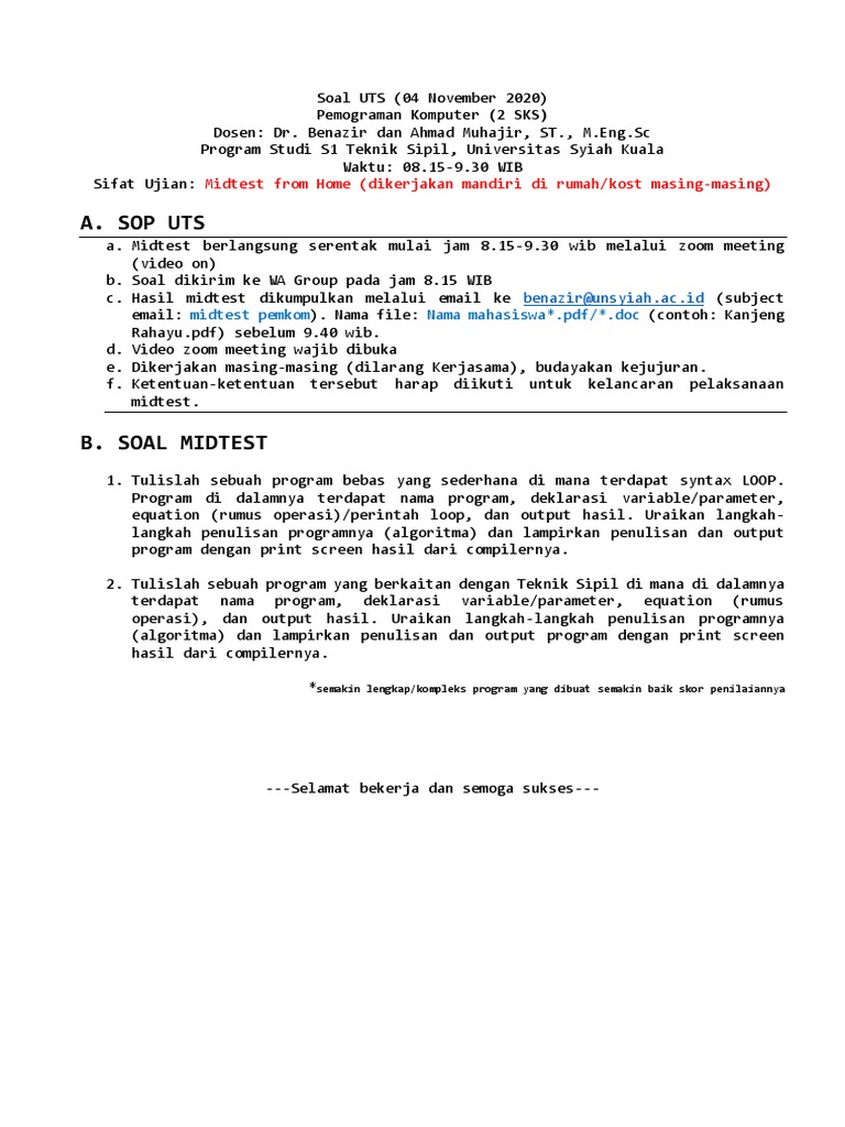 Soal UTS Pemograman Komputer 2020 (BEN-AMJ) | PDF