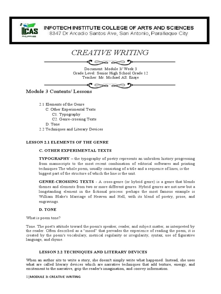 Creative Writing: Module 3 Contents/ Lessons | PDF | Poetry | Writing