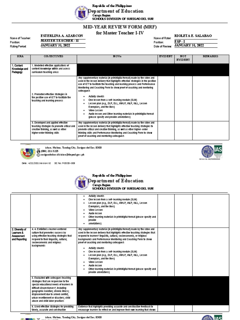 Mid Year Assessment Tool For Master Teachers I IV | PDF | Mentorship ...