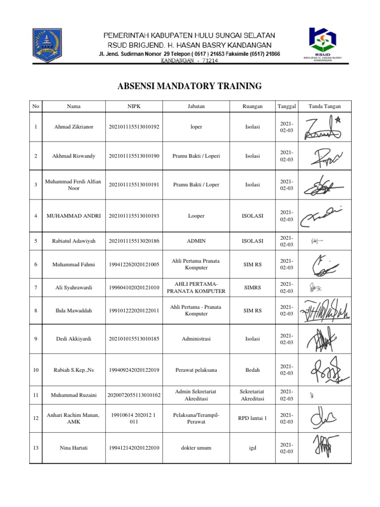 Daftar Hadir Mandatory Training | PDF