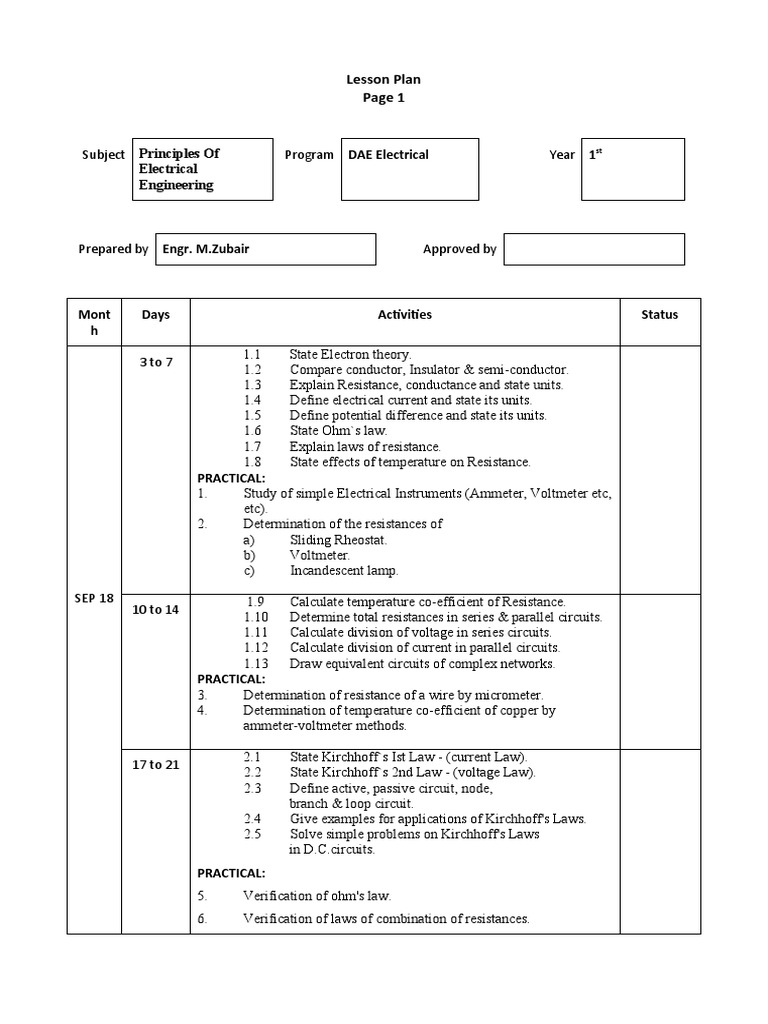 Electrical Engineering Principles Lesson Plan | PDF | Electrical ...