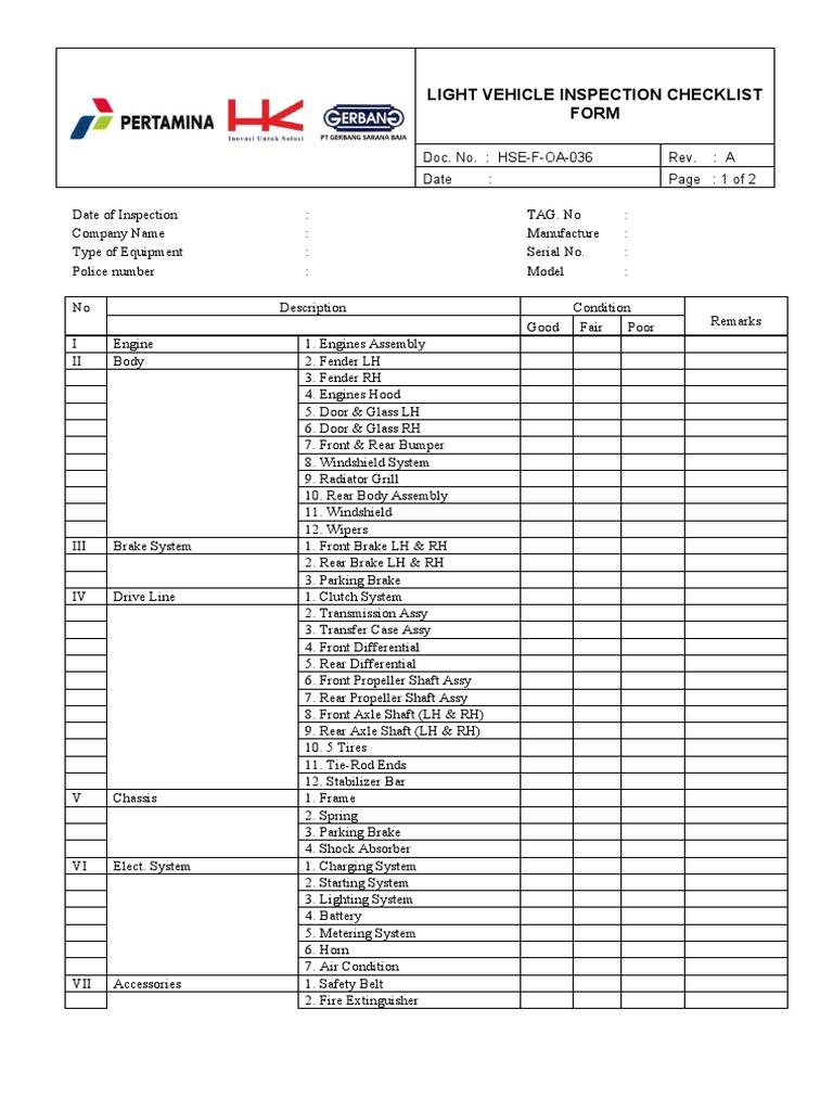 HSE-F-OA-036, LIGHT VEHICLE INSPECTION FORM Revisi A | PDF | Land ...