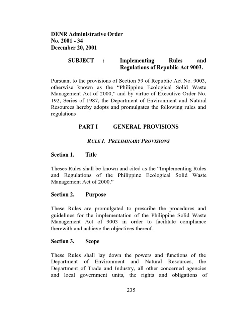 DAO 2001-34 Implementing Rules and Regulations of RA 9003 | PDF | Waste ...