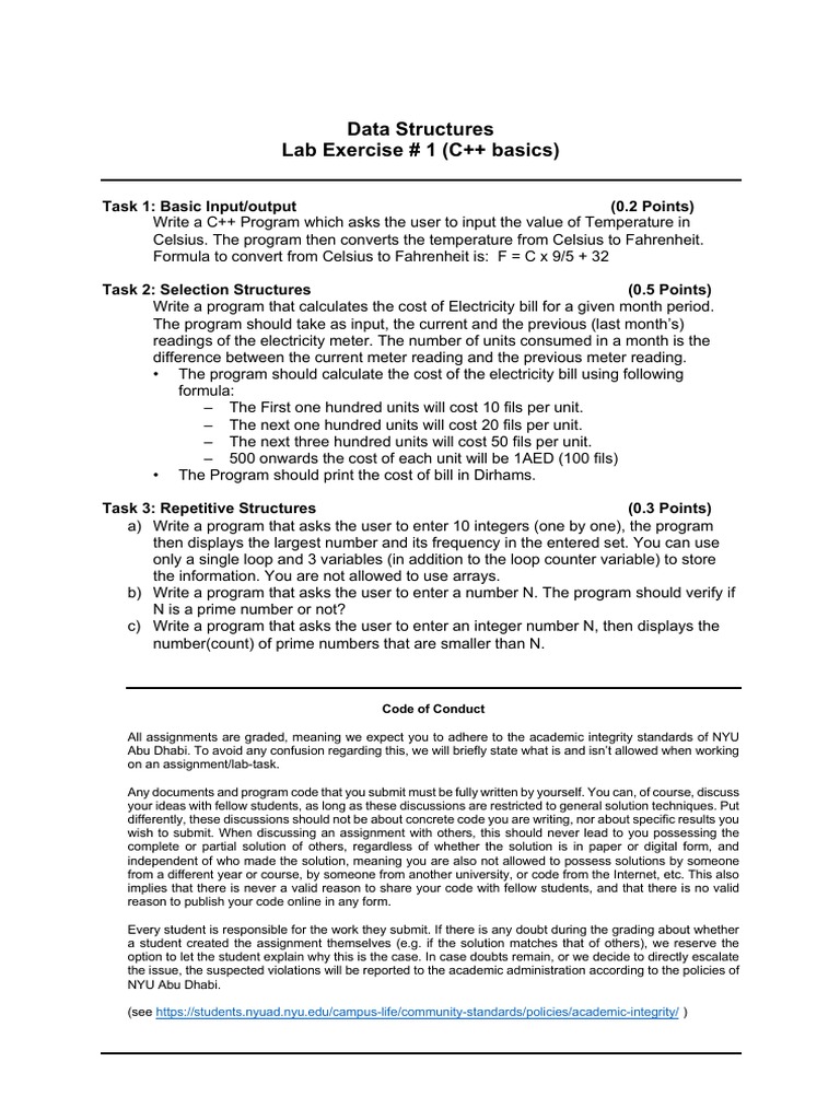 Data Structures Lab Exercise # 1 (C++ Basics) : Task 1: Basic Input/output (0.2 Points) | PDF ...