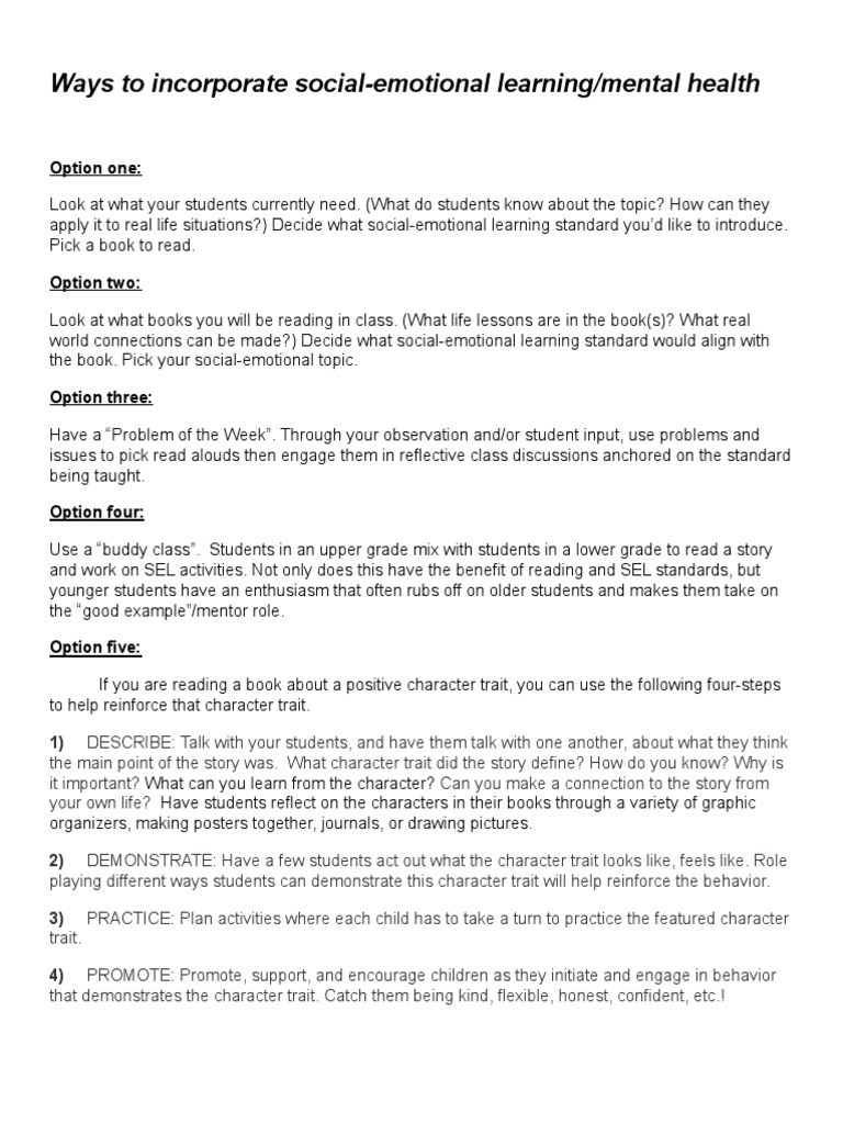 Ways To Incorporate Social-Emotional Learning - Mental Health | PDF