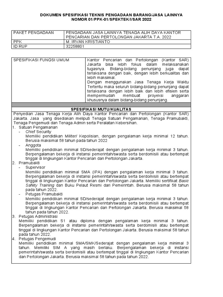 Spesifikasi Jasa Tenaga Alih Daya SAR | PDF