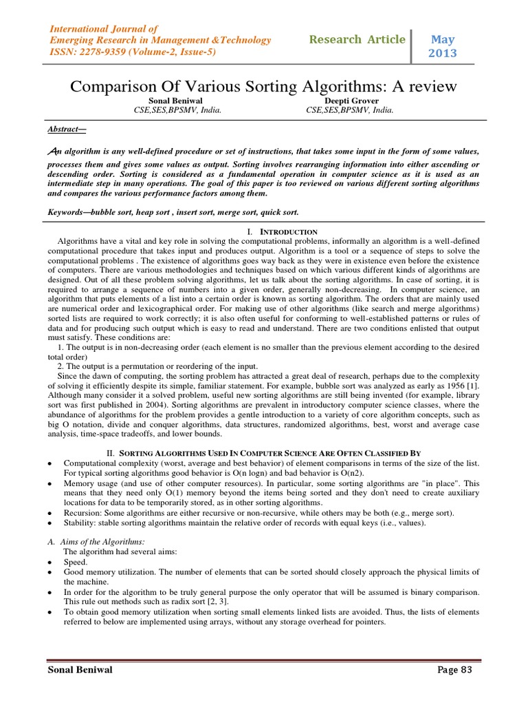 Comparison of Various Sorting Algorithms - A Review | PDF | Time ...