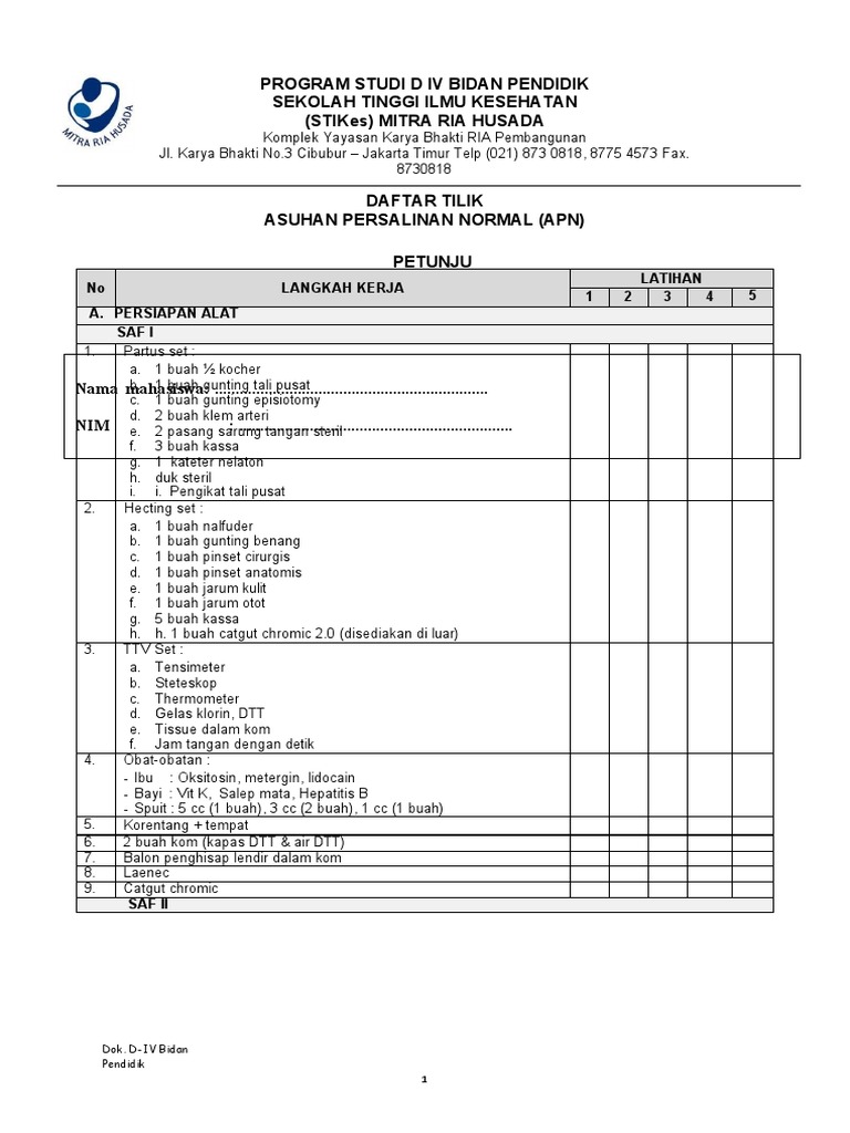 Daftar Tilik Asuhan Persalinan Normal Apn Petunjuk | PDF