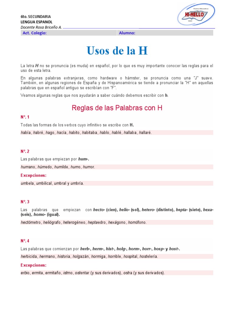 Reglas Usos de La H + Ejercicios 250122 | PDF