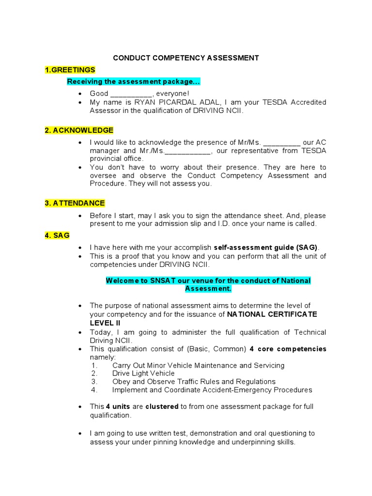 Conduct Competency Assessment Script | PDF