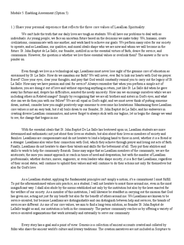 Applying Lasallian Core Values Through Personal Experiences and ...