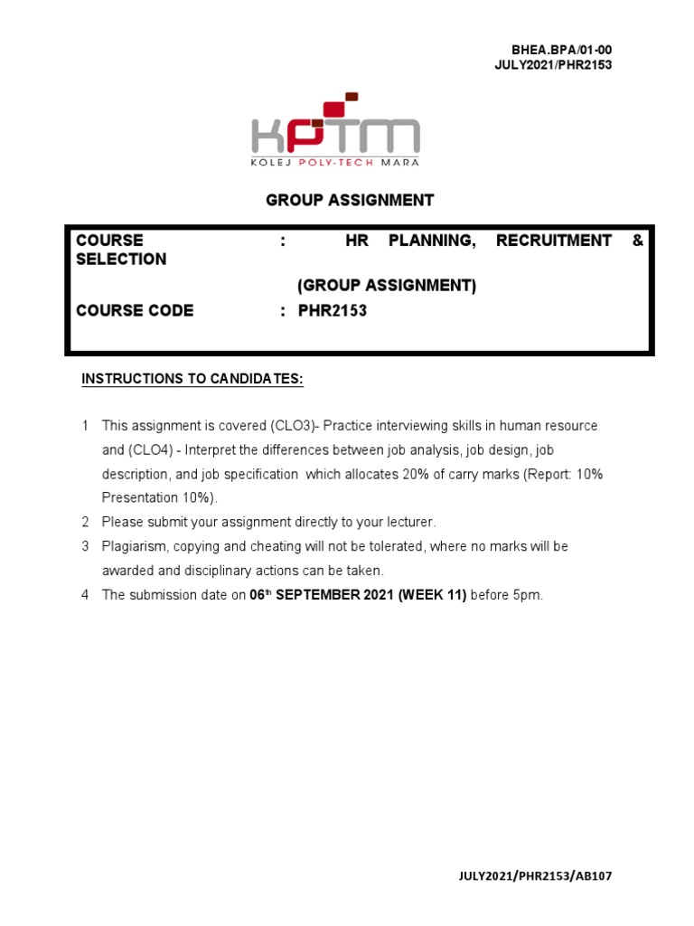 Instruction of Group Assignment | PDF | Human Resource Management