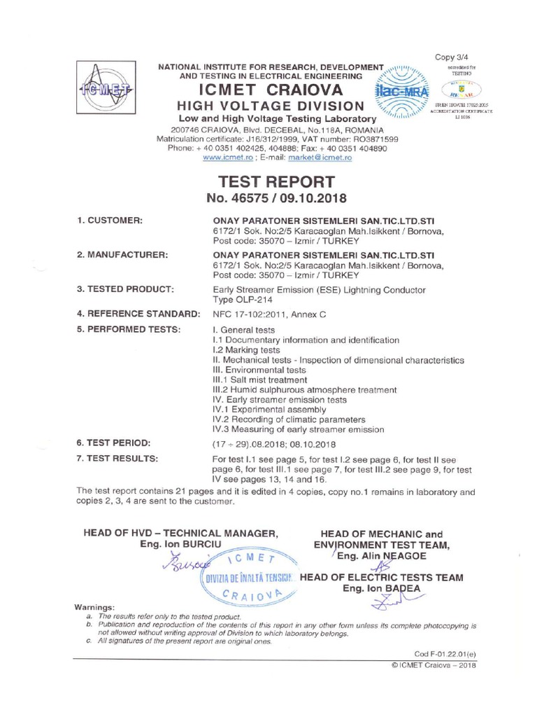 General, Mechanical, Environmental & Early Streamer Emission Test ...